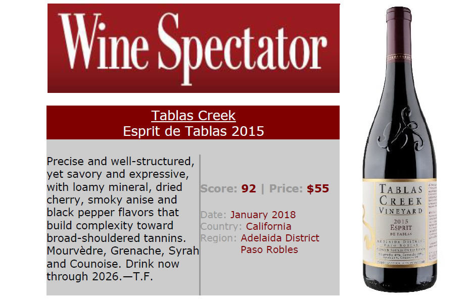 Wine Spectator: 2015 Esprit de Tablas 92 points | Tablas Creek